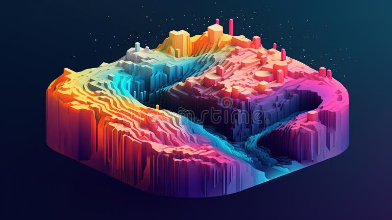 Abstract Virtual Isometric Terrain with Mountains. Slice of Topographic ...