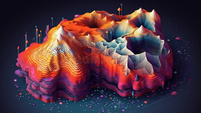 Abstract Virtual Isometric Terrain with Mountains. Slice of Topographic ...