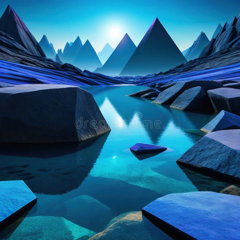 Abstract Virtual Landscape with Blue Rocks and Surreal Fantastic ...