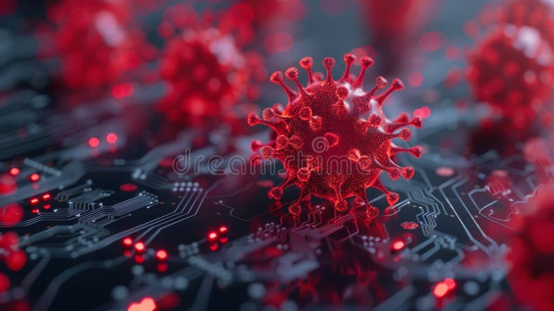 Abstract Virus Outbreak: Minimalist Red Spiky Spheres on Circuit Board ...