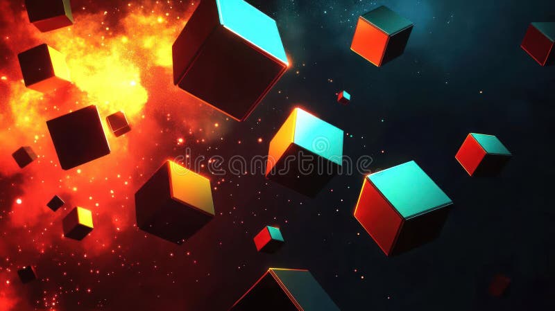 Abstract Visual of Floating Cubes in a Cosmic Environment with Vibrant ...