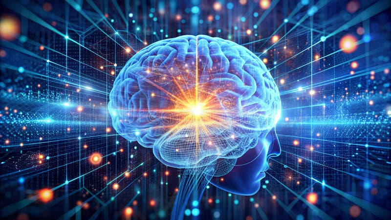 An Abstract Visual of a Human Brain Surrounded by Floating Holographic ...