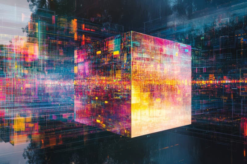 A Cube Shimmering with Light Rays, Surrounded by Information Flows ...