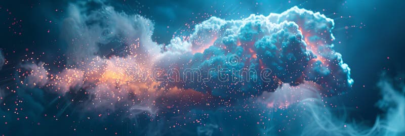 An Abstract Visualization Of Cloud Computing With Digital Elements Representing Data Processing