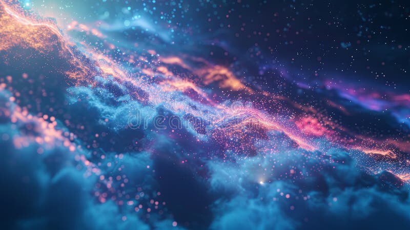Abstract Visualization Of Cloud Computing With Digital Elements Representing Data Processing And