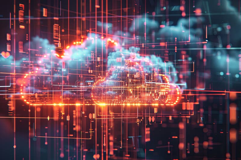 An Abstract Visualization Of Cloud Computing With Digital Elements Representing Data Processing