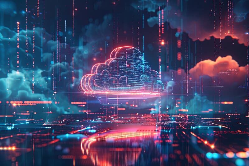 An Abstract Visualization Of Cloud Computing With Digital Elements Representing Data Processing