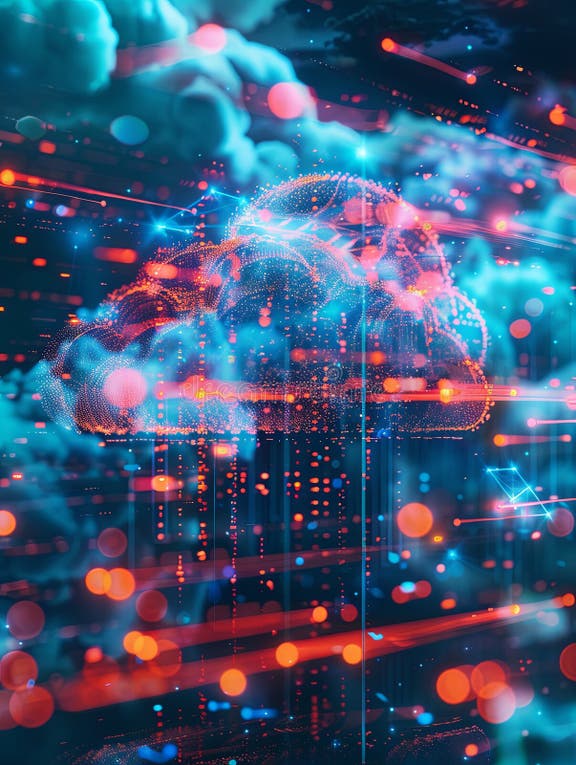 Abstract Visualization of Cloud Computing, Featuring Glowing Digital Elements Representing Data ...