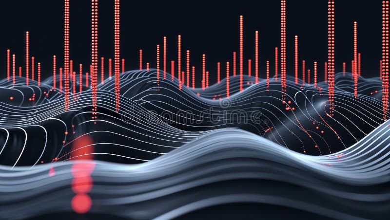 Red Digital Rain Falling on Futuristic Topographic Landscape Stock ...