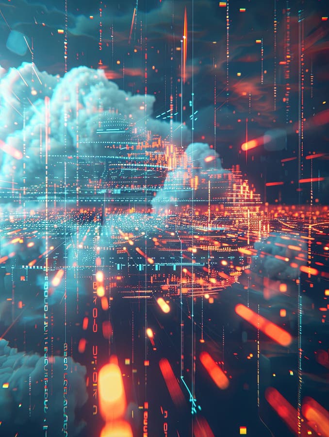 An Abstract Visualization Depicting Cloud Computing With Digital Elements Representing Data