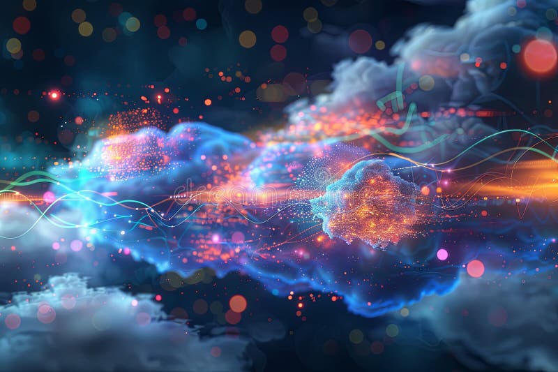 An Abstract Visualization Depicting Data Processing And Ai Operations In The Cloud Represented
