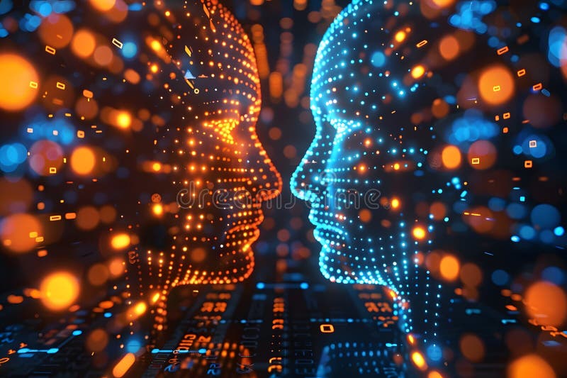 Abstract Digital Twin Faces Composed of Glowing Blue and Orange Dots ...