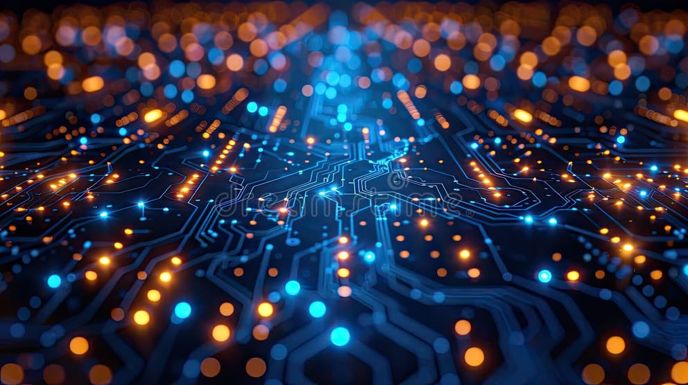 Abstract Visualization of a Digital Electronic Circuit with Blue and ...