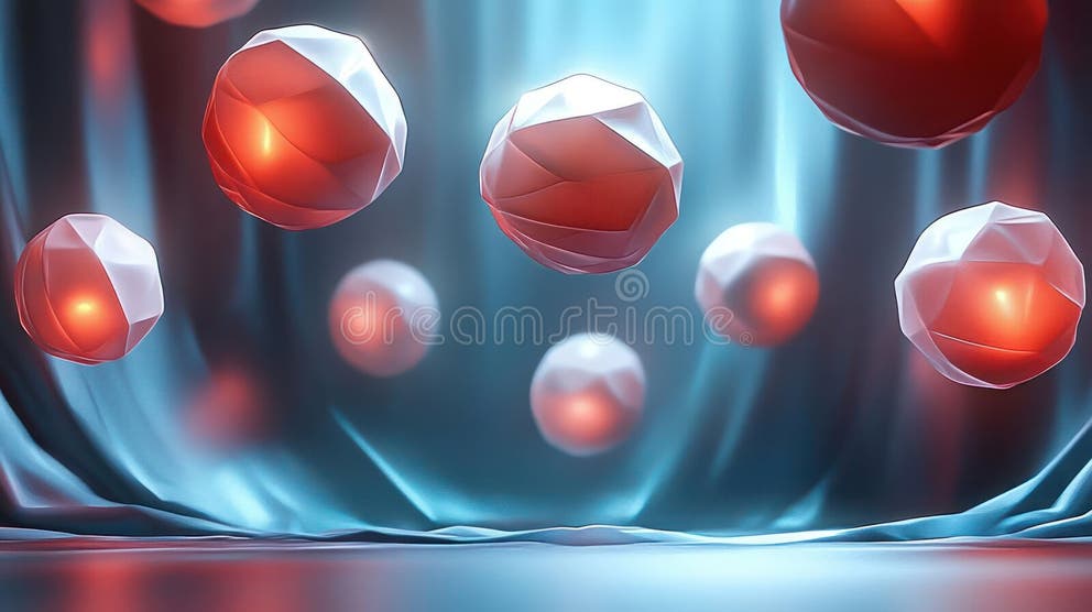 Abstract Glowing Red and White Polygonal Spheres Falling on Teal ...