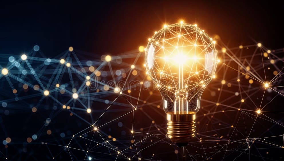 Abstract Visualization of a Glowing Light Bulb within a Network of Dots ...