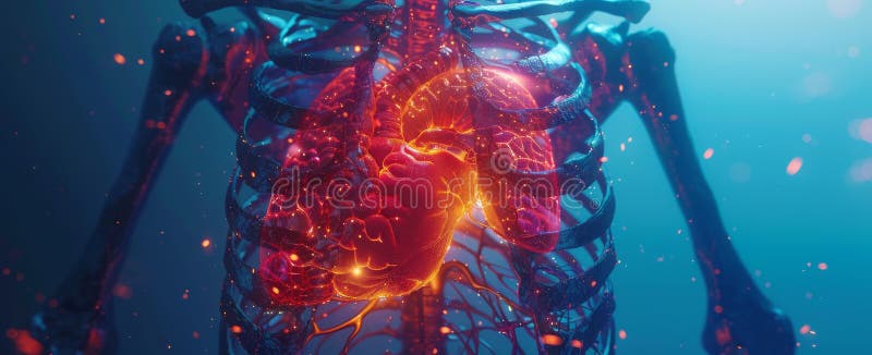 Abstract Visualization of a Human Rib Cage with Glowing Heart and ...