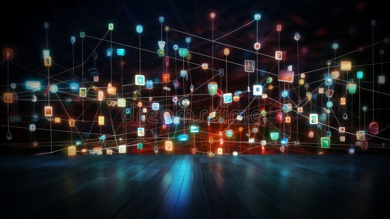 Abstract Visualization Of Interconnected Digital Icons Representing A