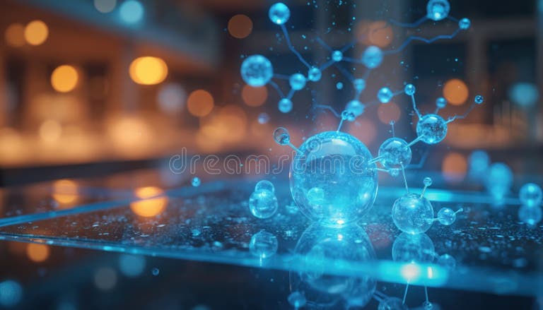 Abstract Visualization of Molecular Synthesis. Blue Glowing Molecules ...