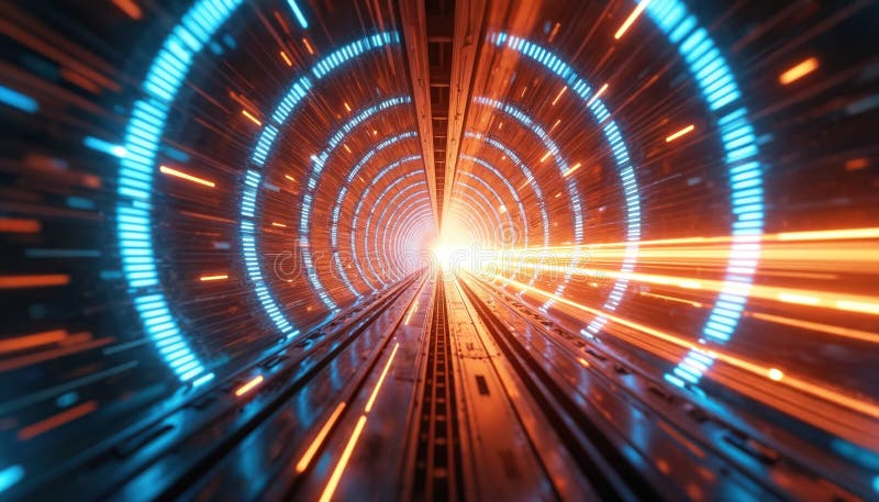 Abstract Visualization of Particle Accelerator Tunnel with Glowing Blue Rings, Streaks of Orange ...