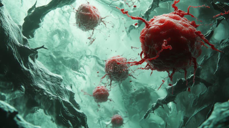 Abstract Visualization of Red Blood Cells Floating in Light Green Fluid ...