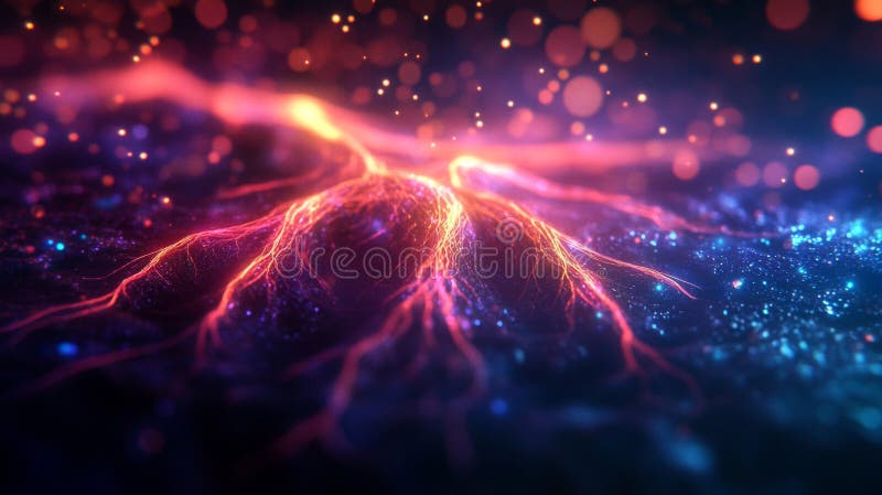 Abstract Volcano Eruption with Glowing Particles Stock Illustration ...