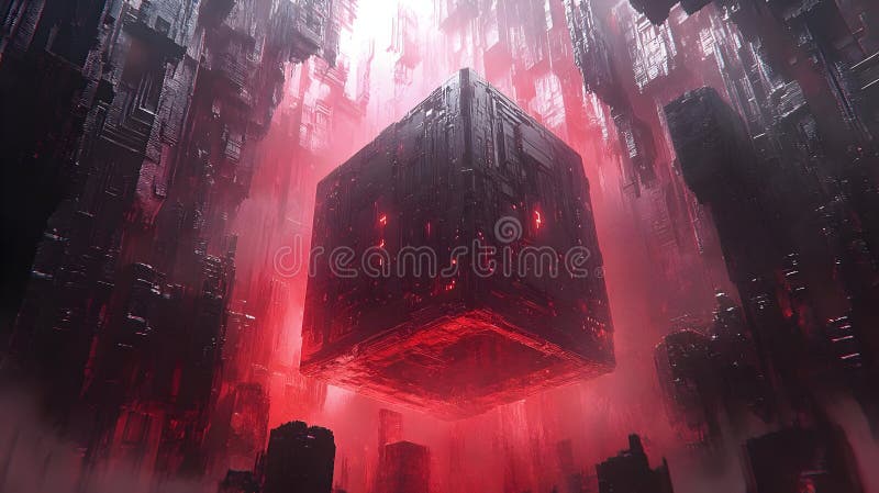 Abstract Voxel Cube Floating in a Dark Red Atmosphere with Block ...