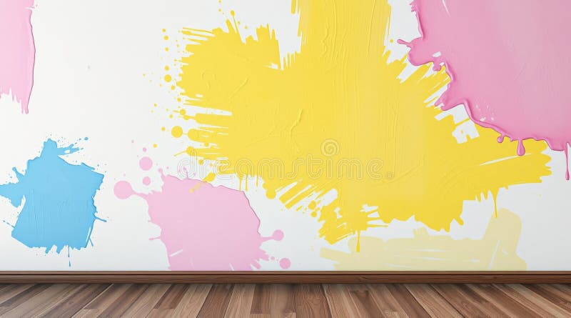 Abstract Wall with Blue, Pink, and Yellow Paint Splashes, Modern ...