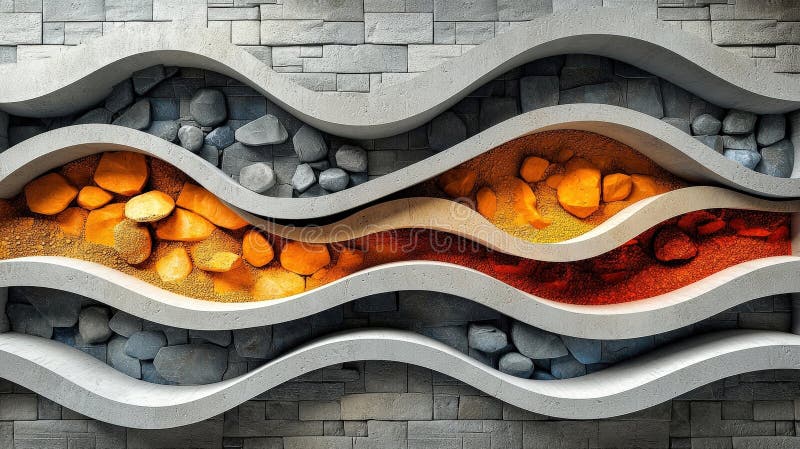 Abstract Wall Design with Curved Patterns and Textured Layers of Stones ...