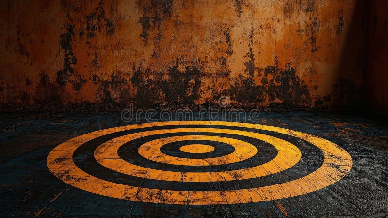 Abstract Wall with Worn Orange Texture and Yellow Target Circle Design ...