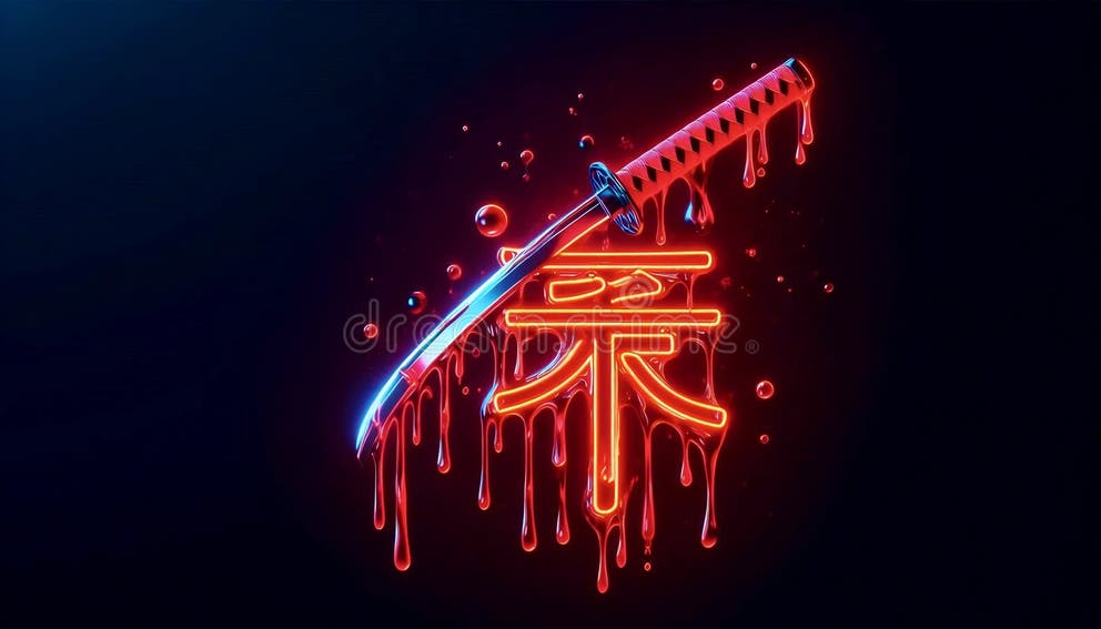 Neon Samurai Sword Melting into Liquid Glass, Kanji Symbols Glowing Red ...