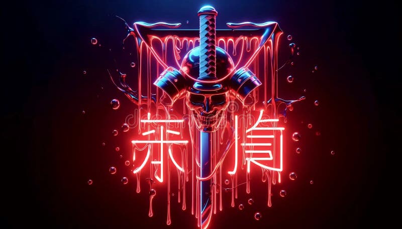 Neon Samurai Sword Melting into Liquid Glass, Kanji Symbols Glowing Red ...