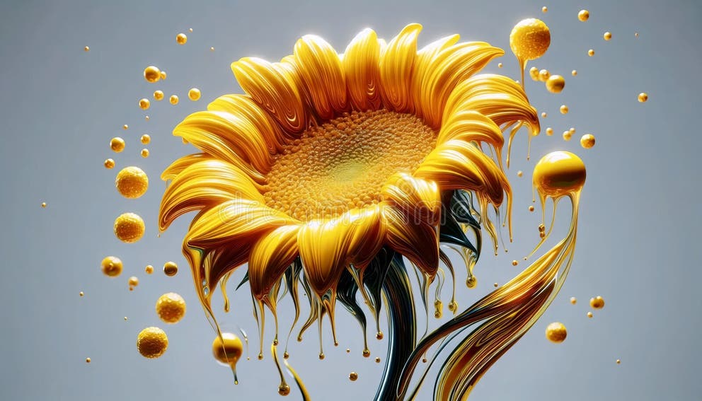 Sunflowers Melting into Liquid Glass, Chrome Yellow Petals with 3d ...