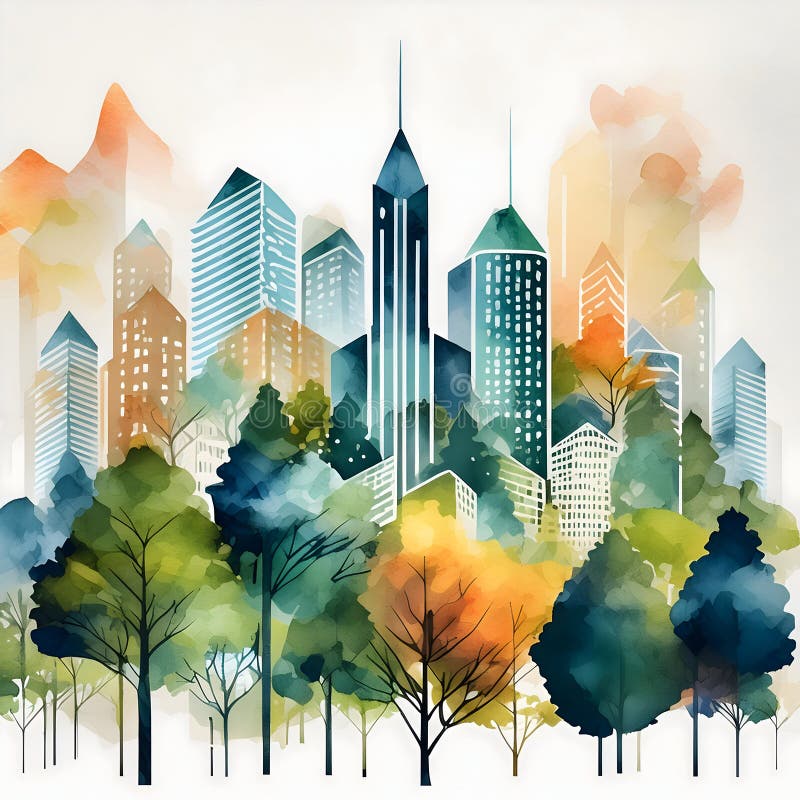 Water Colour Double Exposure Cityscape with Forest, Generative AI Stock ...