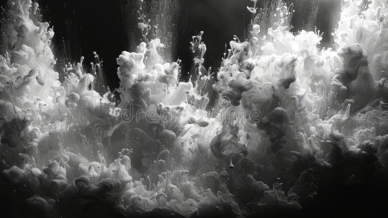 Abstract Water Droplets of White Ink on a Black Background. Clouds of ...