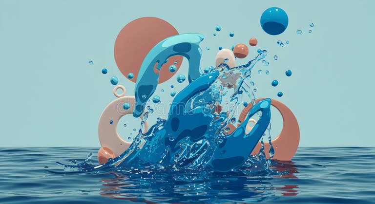 Abstract Water Splash with Floating Geometric Shapes in a Serene ...