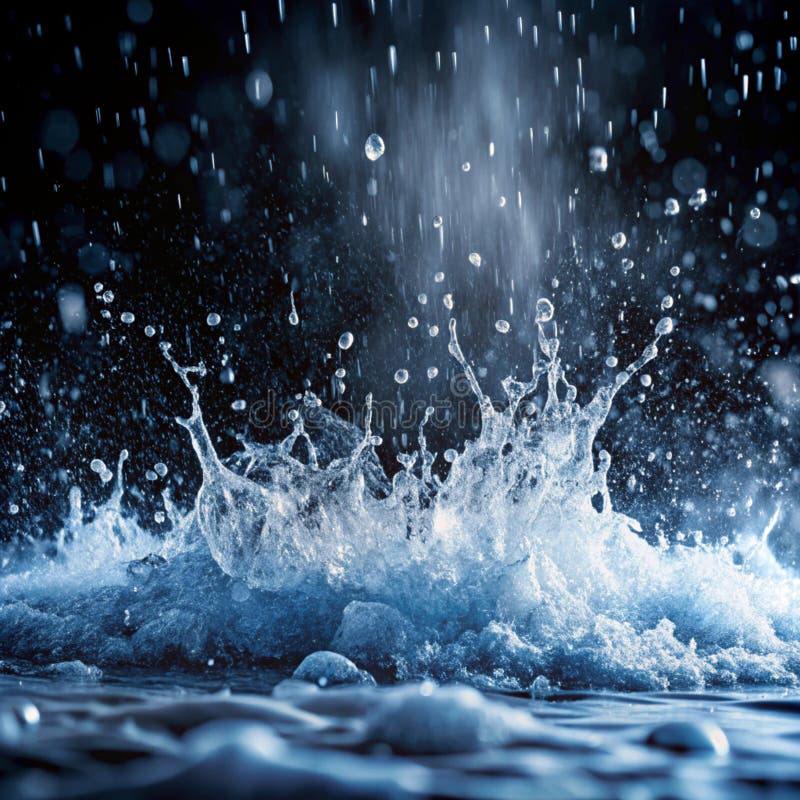 Abstract Water Splashes with White Particles on Black Background Stock ...