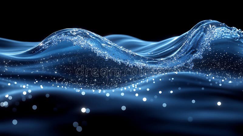 Abstract Water Waves with Sparkling Light Particles on Black Background ...