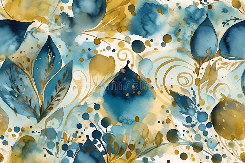 Abstract Watercolor Art with Blue and Gold Leaf Patterns and Swirls ...