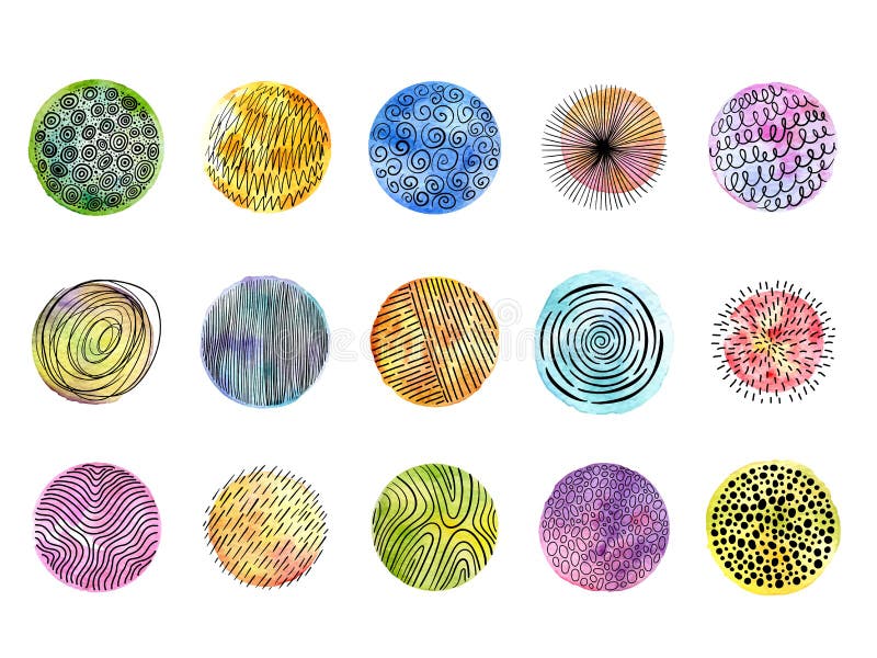 Abstract Watercolor Circle with Doodle Texture. Circular Hand Drawn ...