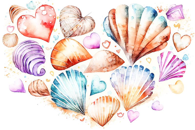 Abstract Watercolor Drawing of Seashells on a White Background ...