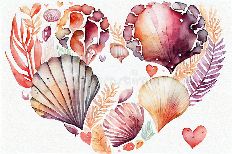 Abstract Watercolor Drawing of Seashells on a White Background ...