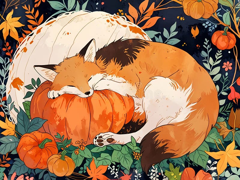Abstract Watercolor Fox Sleeping with Pumpkin and Autumn Floral Stock ...
