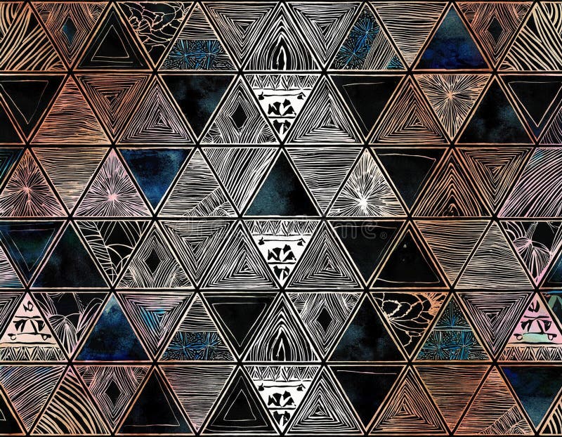 Abstract Watercolor Geometric Seamless Pattern. Triangles with Aztec ...