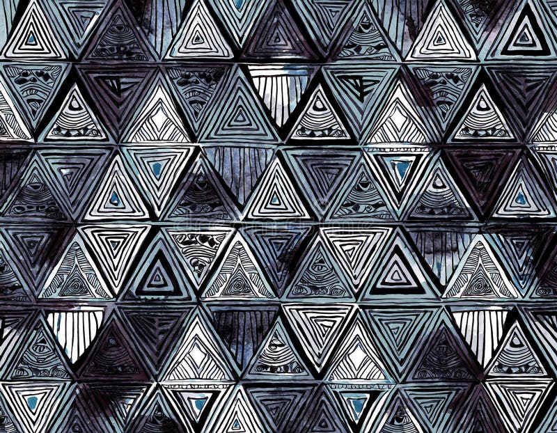 Abstract Watercolor Geometric Seamless Pattern. Triangles with Aztec Ornament, Watercolor ...