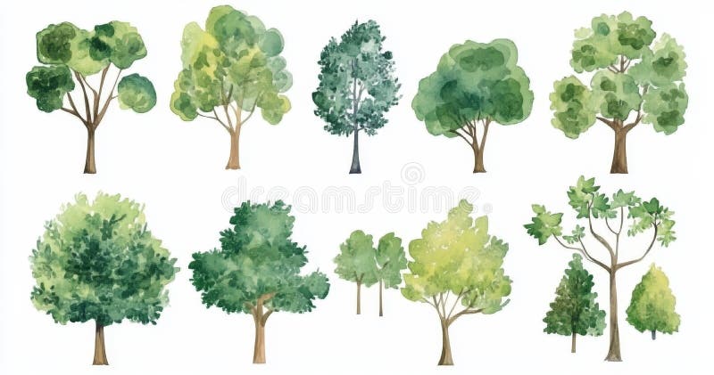 Tree Watercolor Side View Green Painting Set Stock Photos - Free ...