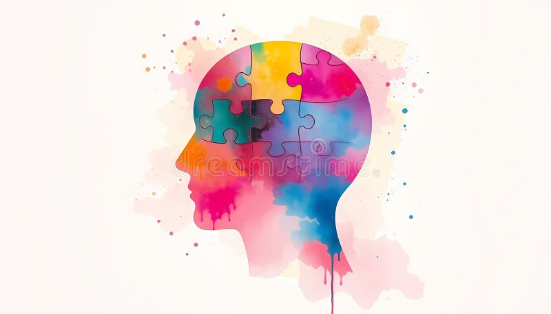 Abstract Watercolor Head with Puzzle Pieces. Concept of Brain, Mind ...