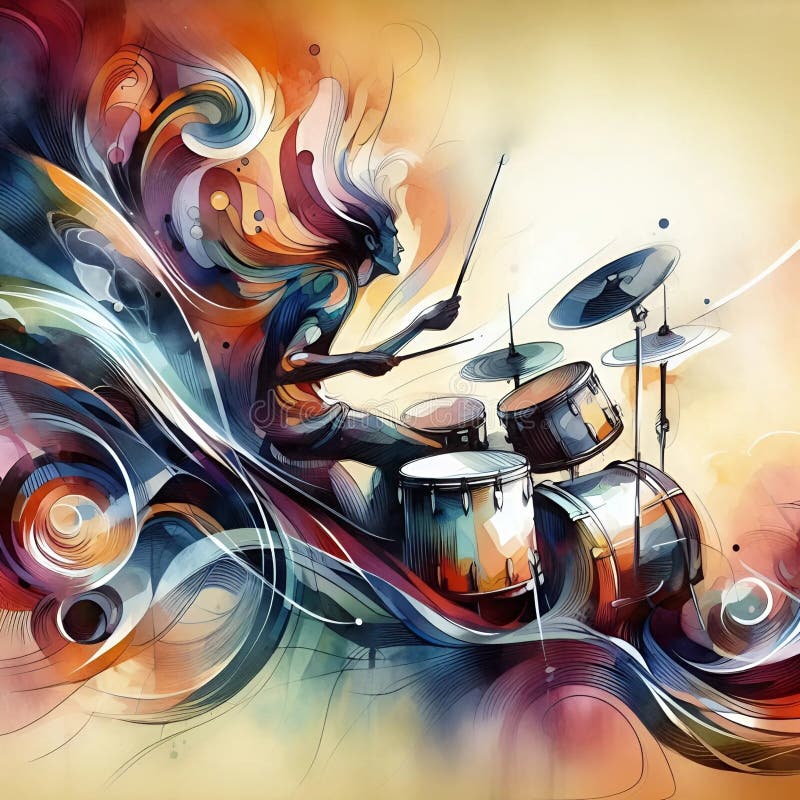 Abstract Watercolor Illustration of a Drummer Playing Drums, with ...