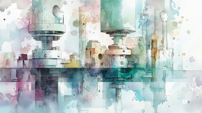 Abstract Watercolor Illustration of Industrial Engineering Elements and Machinery Components ...