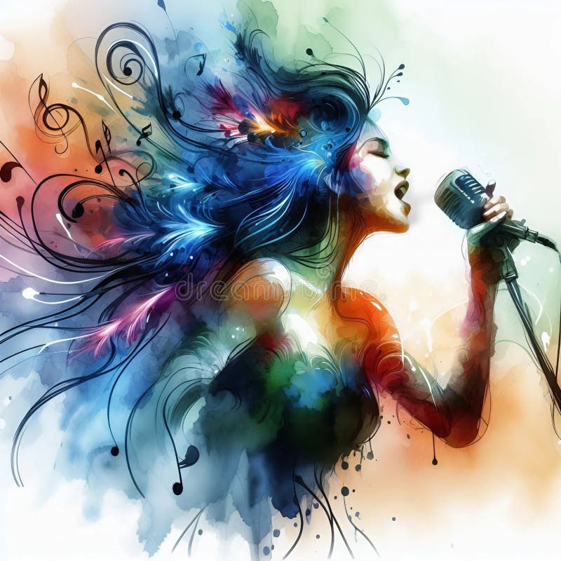 Abstract Watercolor Illustration of a Singer Performing with a ...