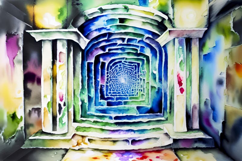 Abstract Watercolor Illustration of a Tunnel with a Light in the Center ...